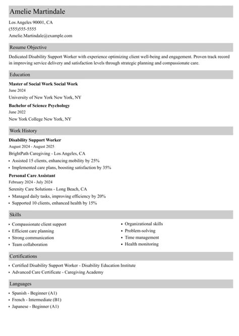 Disability Support Worker Resume Sample