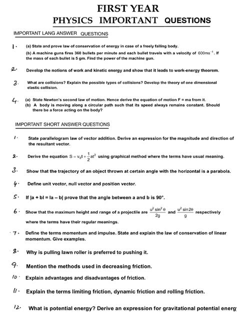 First Year Physics Important Questions Pdf