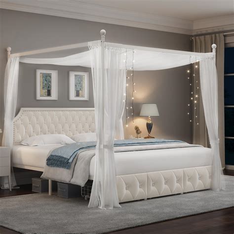 Keyluv King Upholstered Canopy Bed Frame With 3 Drawers And