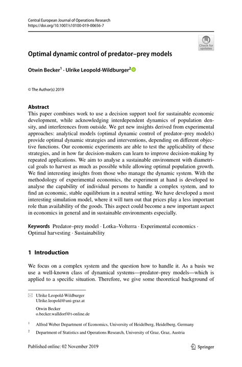 Pdf Optimal Dynamic Control Of Predatorprey Models