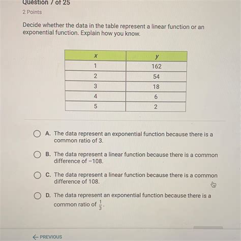 Decide whether the data in the table represent a linear function or an exponential function ...