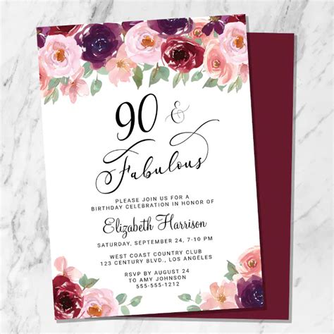 Elegant Floral 90th Birthday Party Invitation Zazzle