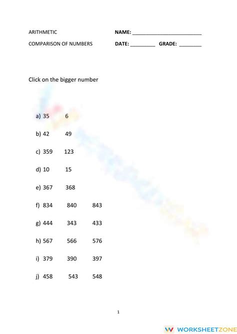 Arithmetic Comparison Of Numbers Worksheet