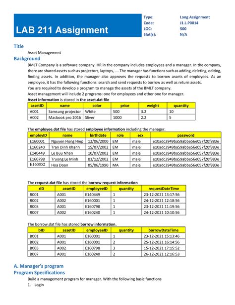 J1lp0014 Asset Management Manager 500 Lab 211 Assignment Type