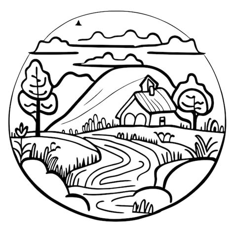 Premium Vector Coloring Page Beautiful Village With River Vector