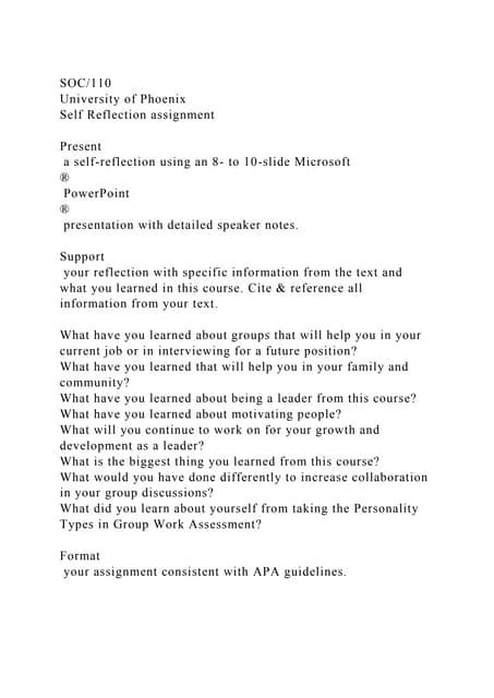 Soc110university Of Phoenixself Reflection Assignmentpresendocx