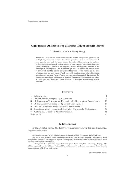 Pdf Uniqueness Questions For Multiple Trigonometric Series