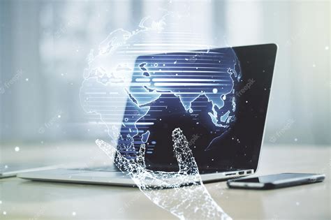 Premium Photo Double Exposure Of Abstract Digital World Map On Laptop Background Research And