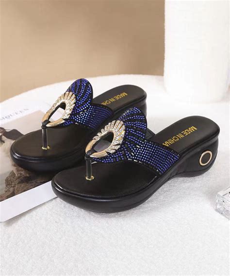 Comfortable Blue Zircon Splicing Beach Wedge Flip Flops Soolinen