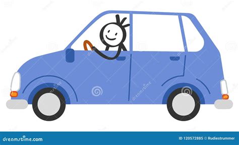 Happy Stick Figure Man Smiling And Driving Blue Car Stock Vector