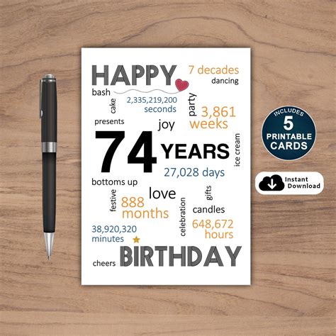 74th Birthday Card Milestone Celebration Printable Instant Download