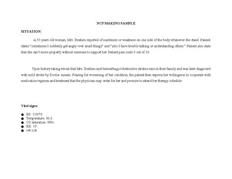 Nur 092 Ncp Making Sample Ncp Making Sample Situation A 55 Years Old Woman Mrs Ibrahim