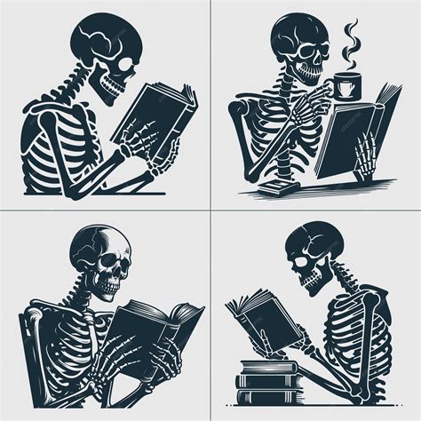 Una Serie De Imágenes De Un Esqueleto Leyendo Un Libro Vector Premium