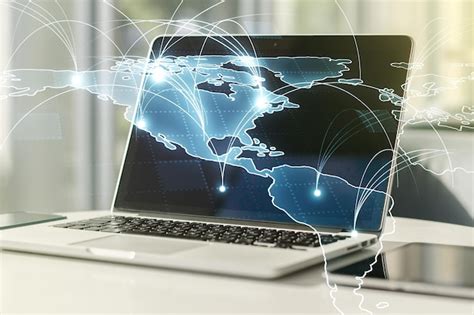 Premium Photo Double Exposure Of Abstract Digital World Map With Connections On Computer