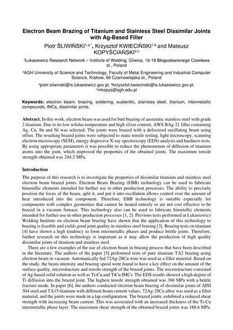 Pdf Electron Beam Brazing Of Titanium And Stainless Steel Dissimilar Joints With Ag Based Filler