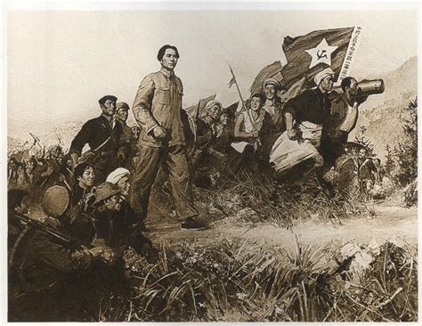 1927年10月，毛泽东率领秋收起义部队到达井冈山，发动群众，开展游击战争，开始创建农村革命根据地。 图为油画《向井冈山进军》。 军事史