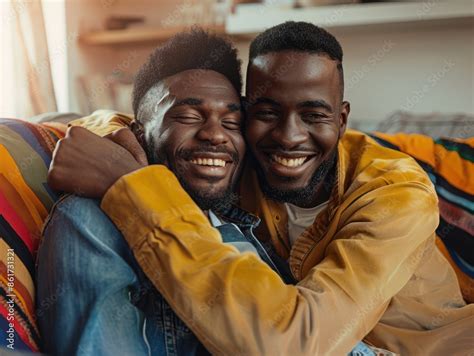 Happy Gay Black Male Couple Cuddling On Couch Indoors Candid African