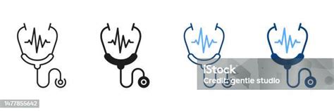 청진기 라인과 실루엣 아이콘 세트 심장병 진단 의료 도구 블랙과 컬러 픽토그램 의사의 도구 맥박 검사 기호 컬렉션 고립된 벡터 그림 건강관리와 의술에 대한 스톡 벡터 아트
