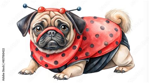 Cute Black Pug Dressed As Ladybug In Watercolor Style Clipart Dog Pug
