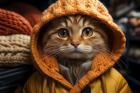 Cute Funny Cat In Winter Clothes In Fitting Room Stock Illustration