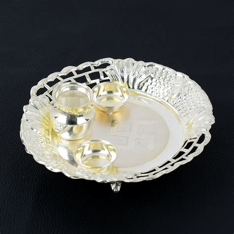 Pure Silver Pooja Plate Set Bowl Kalash Pooja Thali For Hindu
