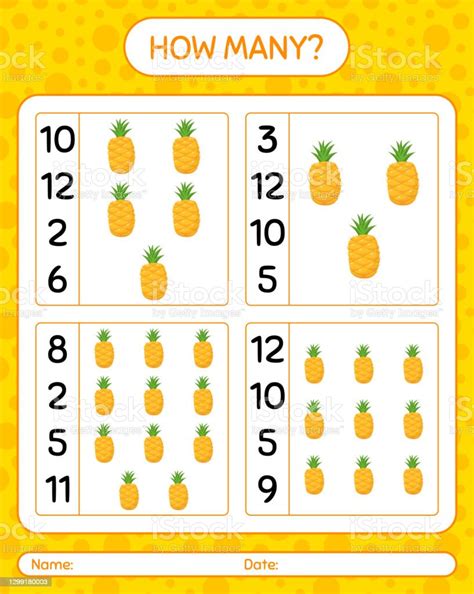파인애플과 얼마나 많은 계산 게임 유치원 아이들을위한 워크 시트 어린이 활동 시트 인쇄 가능한 워크 시트 0명에 대한 스톡 벡터 아트 및 기타 이미지 Istock