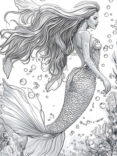 Mermaid Coloring Pages For Adults Premium Ai Generated Image