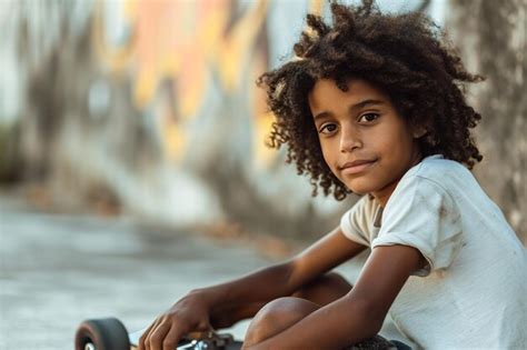 Premium Photo Afro Latin Boy Sitting On A Longboard