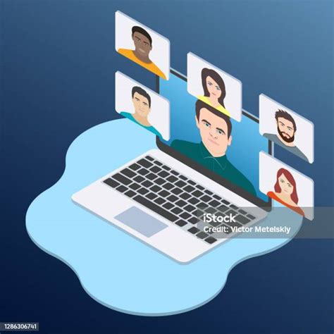 화상 회의 온라인 회의 학습 또는 웨비나 화상 통화 컴퓨터 또는 랩톱 화면에 있는 사람들 그룹입니다 가상 비즈니스 커뮤니케이션 가정 개념에서 작업 벡터 그림입니다 3차원