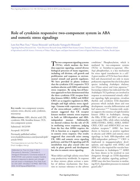 Pdf Role Of Cytokinin Responsive Two Component System In Aba And Osmotic Stress Signaling