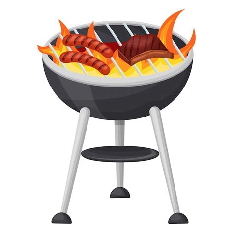 Premium Vector Cooking Sausages And Meat On A Flaming Grill Vector Illustration On A White