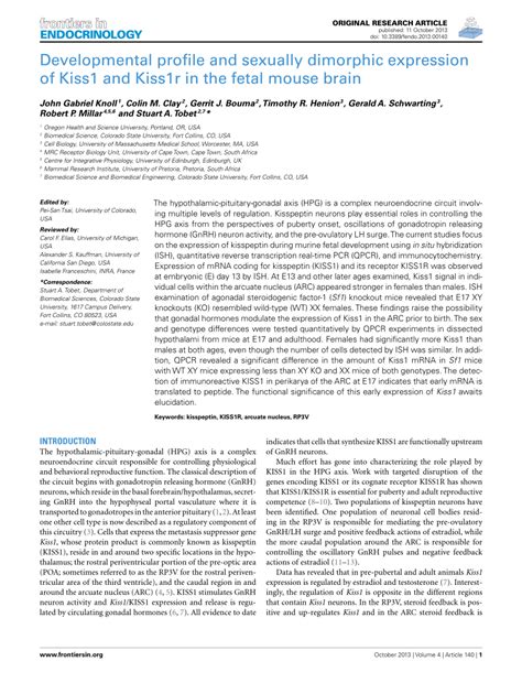 Pdf Developmental Profile And Sexually Dimorphic Expression Of Kiss1
