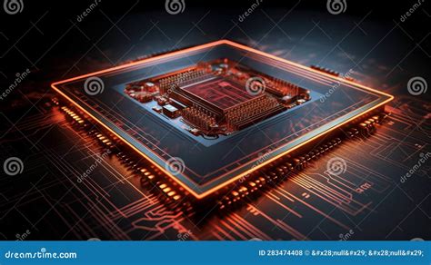 Micro Cpu On Circuit Board With Red Lighting 3d Generative Ai Stock Illustration Illustration