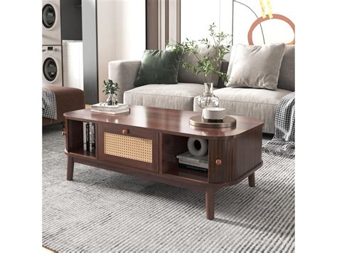 Table Basse Fixe 110x55x385 Cm En Rotin Lattes Et Pieds En Bois