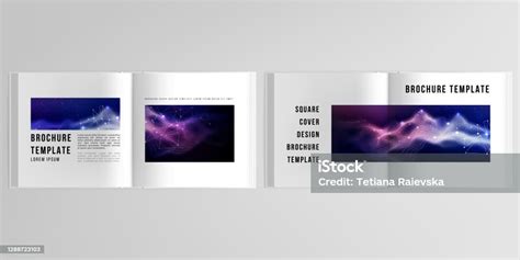 이중 접이식 사각형 브로셔 전단지 커버 디자인 책 디자인 브로셔 커버용 커버 모형 템플릿의 3d 사실적인 벡터 레이아웃 디지털 데이터 시각화 다각형 과학 어두운 배경 0명에