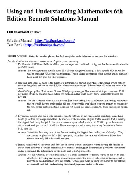 Using And Understanding Mathematics 6th Edition Bennett Test Bank 1 Pdf