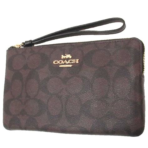 Coach Womens Large Signature Canvas Corner Zip Wristlet Brownblack