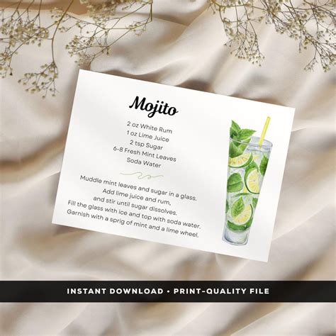 Mojito Cocktail Recipe Card Digital Download Printable Diy Alcohol