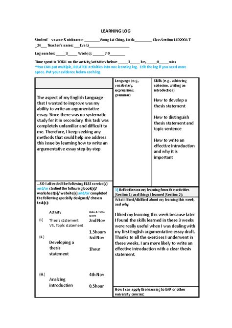 Eap Il Log Sample Learning Log Students Name And Nickname Wong Lai