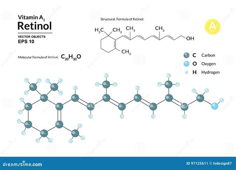 Structural Chemical Molecular Formula And Model Of Retinol Atoms Are Represented As Spheres