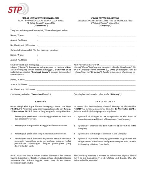 Fillable Online Surat Kuasa Proxy Authorization Letter Yang Fax Email Print Pdffiller