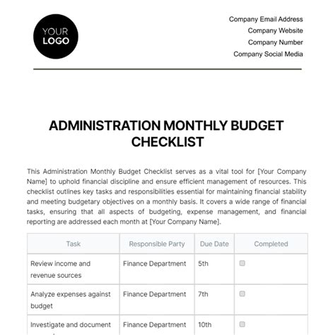 Administration Monthly Budget Checklist Template Edit Online
