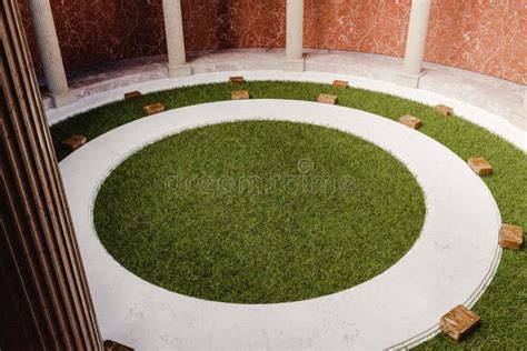 Interior Of Circular Building With Columns And Grass Lawn 3d Render