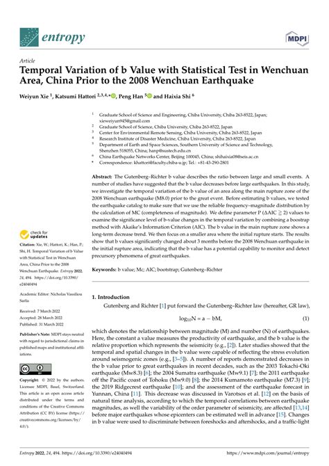 Pdf Temporal Variation Of B Value With Statistical Test In Wenchuan Area China Prior To The