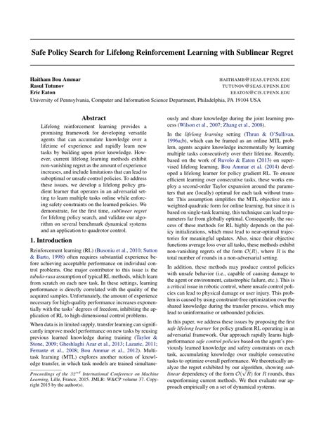 Pdf Safe Policy Search For Lifelong Reinforcement Learning With Sub Linear Regret