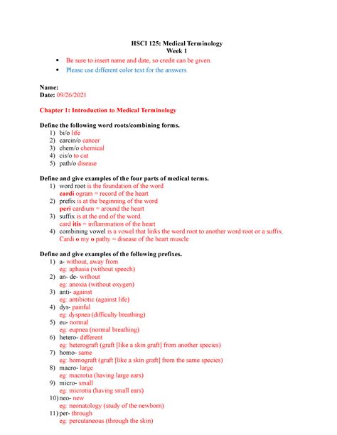 Assignment Week 1 Hsci 125 Medical Terminology Week 1 Be Sure To