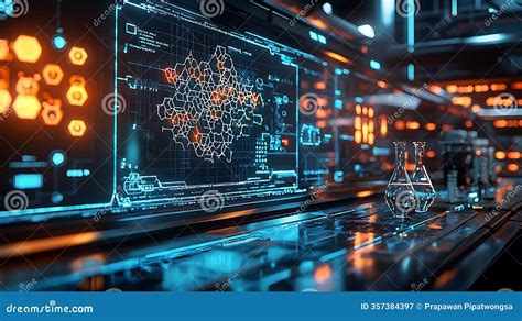 High Tech Laboratory With Chemical Structures Displayed On Screens Stock Illustration