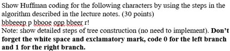 Solved Show Huffman Coding For The Following Characters By Chegg
