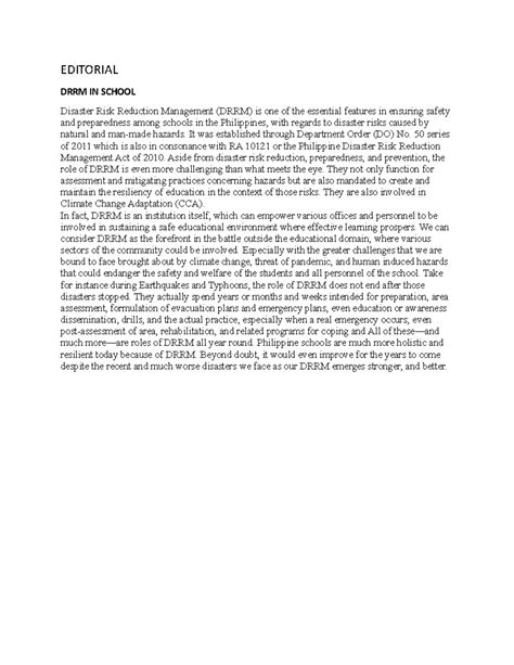 Editorial Drrm In School Editorial Drrm In School Disaster Risk