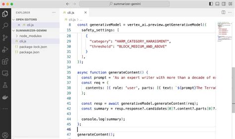 how to create a text summarizer using gemini over vertex ai with node